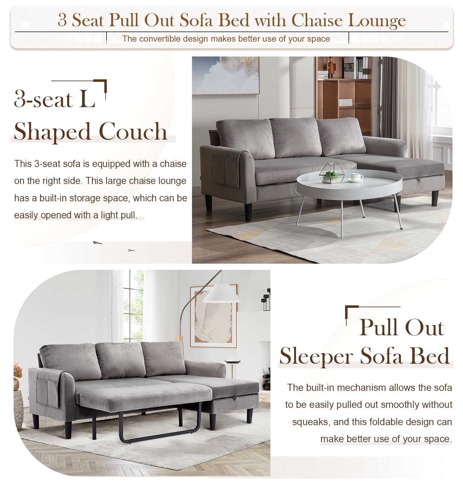 Modern Velvet Pull Out Sleeper Sofa Bed with Chaise, Comfy L Shaped Convertible Couch with Storage and Pocket, Sectional 3 Seat Couch for Living Room Furniture or Office, Smooth Back - Light Gray