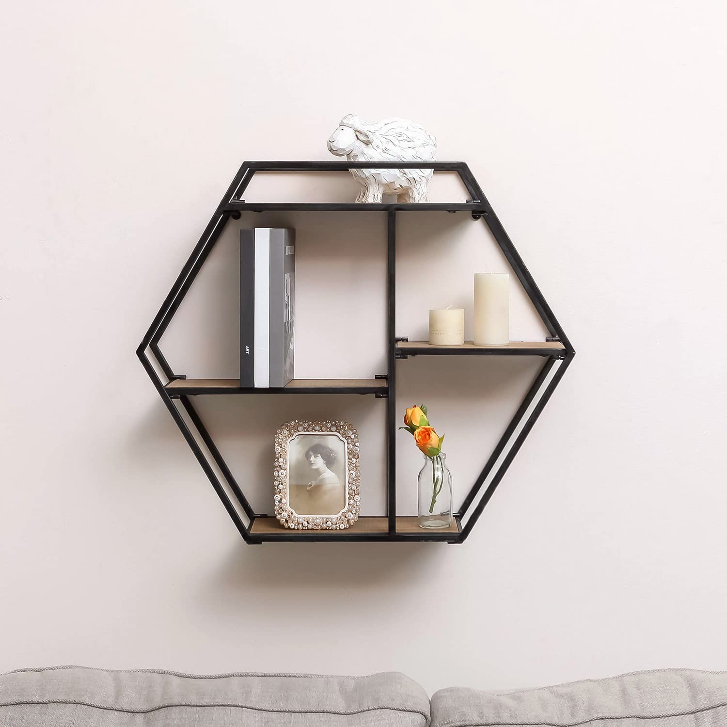 Industrial Style Hexagon-Shaped Wall Shelves, 3 Tier Decorative Floating Ledge Shelves, Wall Mounted Metal Bracket Wooden Display Hanging Shelf