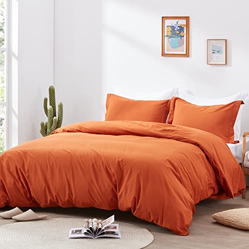 NexHome Burnt Orange Queen Washed Cotton Duvet Cover Set with Zipper Closure Soft Double Solid Blue Grey Color Bedding Duvet Cover 90x90 inches and Pillow Sham for All Seasons