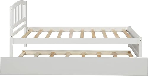 Harper & Bright Designs Twin Bed Frame with Trundle, Twin Bed Frame with Headboard, Wood Twin Platform Bed with Pull Out Trundle for Kids, Guest Room,No Box Spring Needed,White