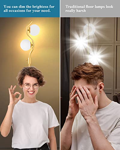 Lightdot Dimmable Globe Floor Lamp, Gold Standing Lamp with 2PCS 3000K G9 Bulbs, Frosted Shades, Industrial Tall Lamps for Bedroom Living Room Mid Century Modern Decor