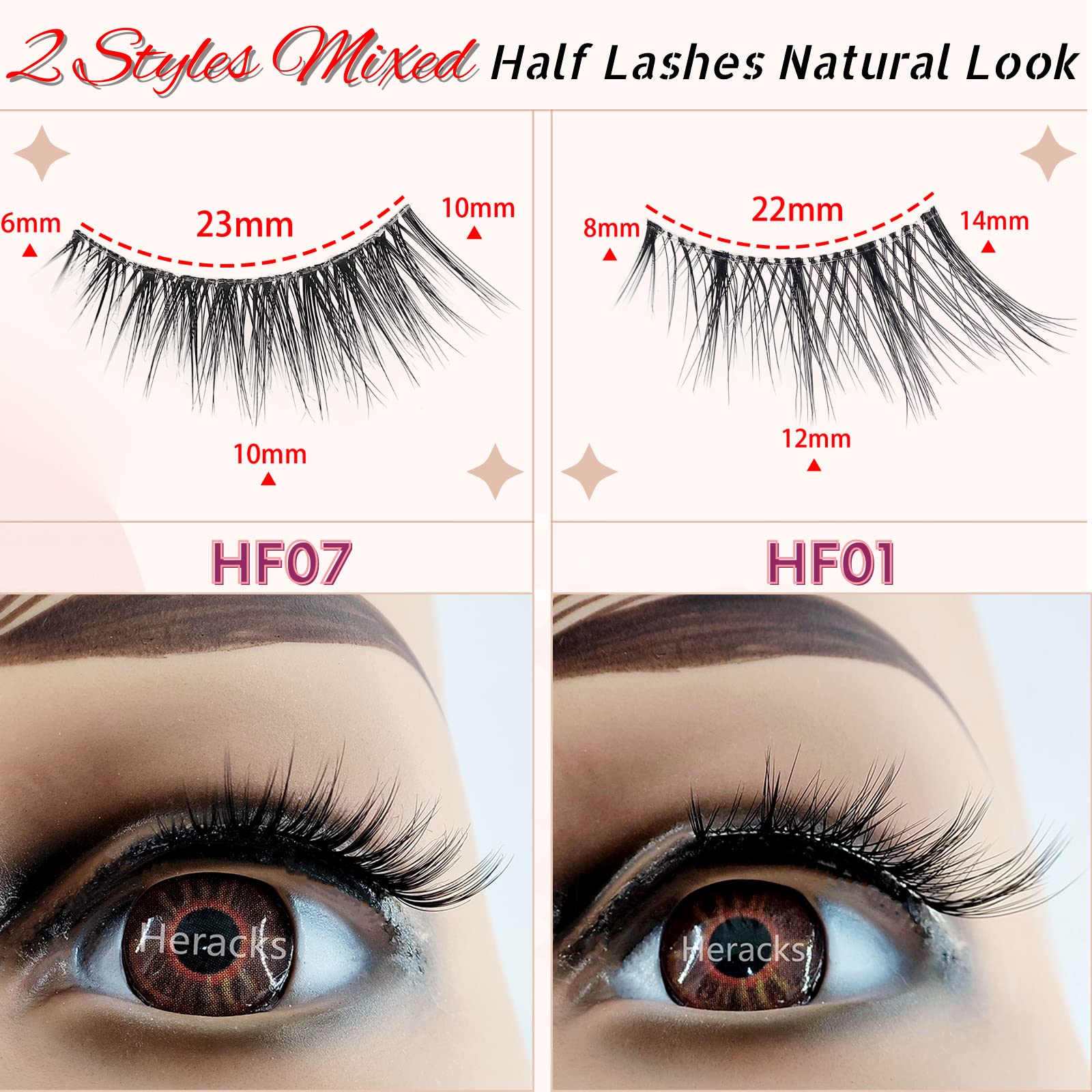Half Lashes Natural Look with Clear Band Cat-Eye Lashes Wispy Fluffy Faux Mink Accent False Eyelashes, 2 Styles Mixed 3/4 Corner Lashes Reusable Soft DIY Cluster Lashes Pack 14 Pairs by Heracks(07+01)
