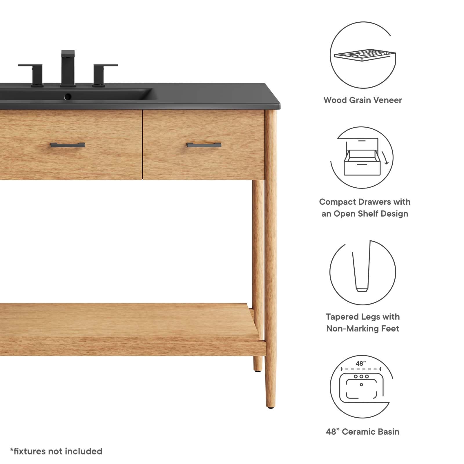 Modway Zaire 48” Mid-Century Single Bathroom Vanity Washstand in Natural Black with Ceramic Sink Basin, 48 Inches