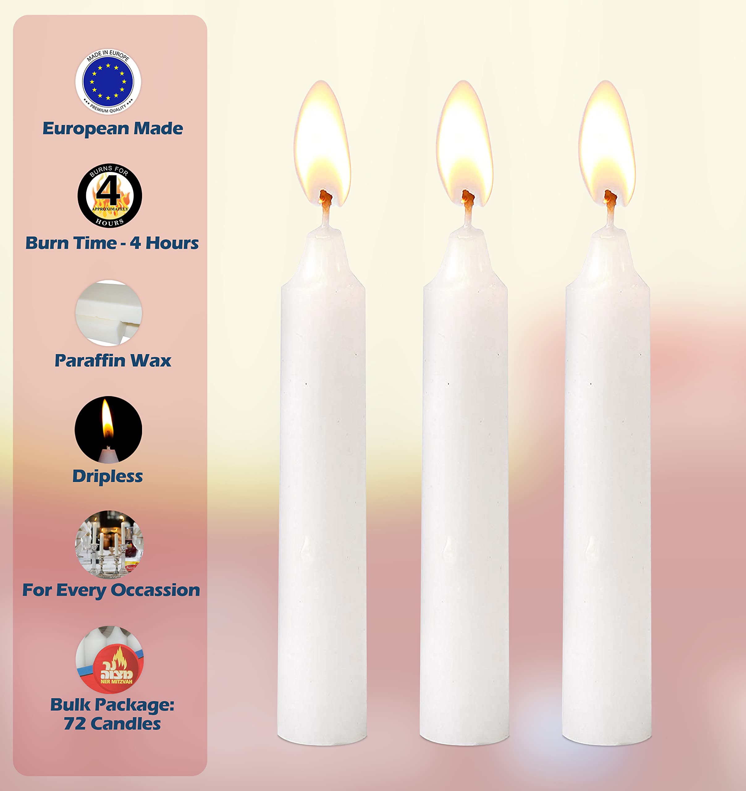 Ner Mitzvah Classic White Taper Candles β 7 Inch Candles - 60 Bulk Pack - for Shabbat Candles, Dinner Tables, Restaurants, Ceremonies and Emergency - 6 Hour Burn Time