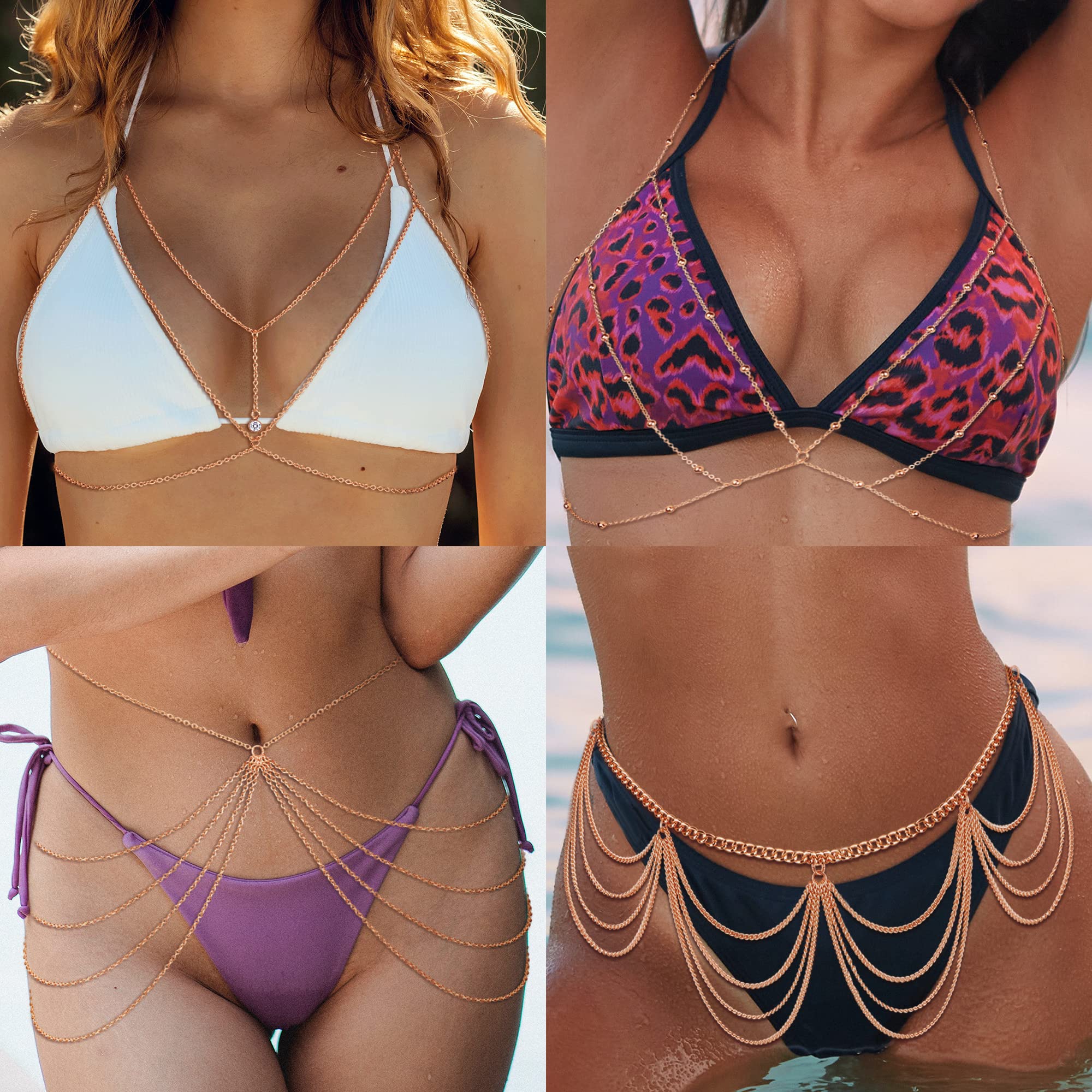 FIBO STEEL 4Pcs Sexy Body Chains for Women Waist Chains Belly Chains Bra Chains Bikini Jewelry for Summer Beach Adjustable Rose Gold