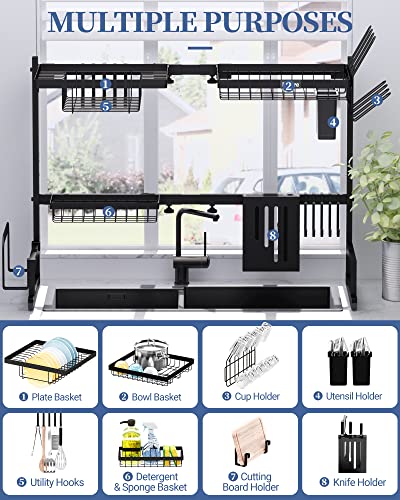 Kitsure Dish Drying Rack - Adjustable & Space-Saving Dish Rack(29.5-35.5in), Over-The-Sink Dish Drying Rack, Multifunctional Kitchen Dish Drying Rack, Stainless Steel Dish Drying Rack, White
