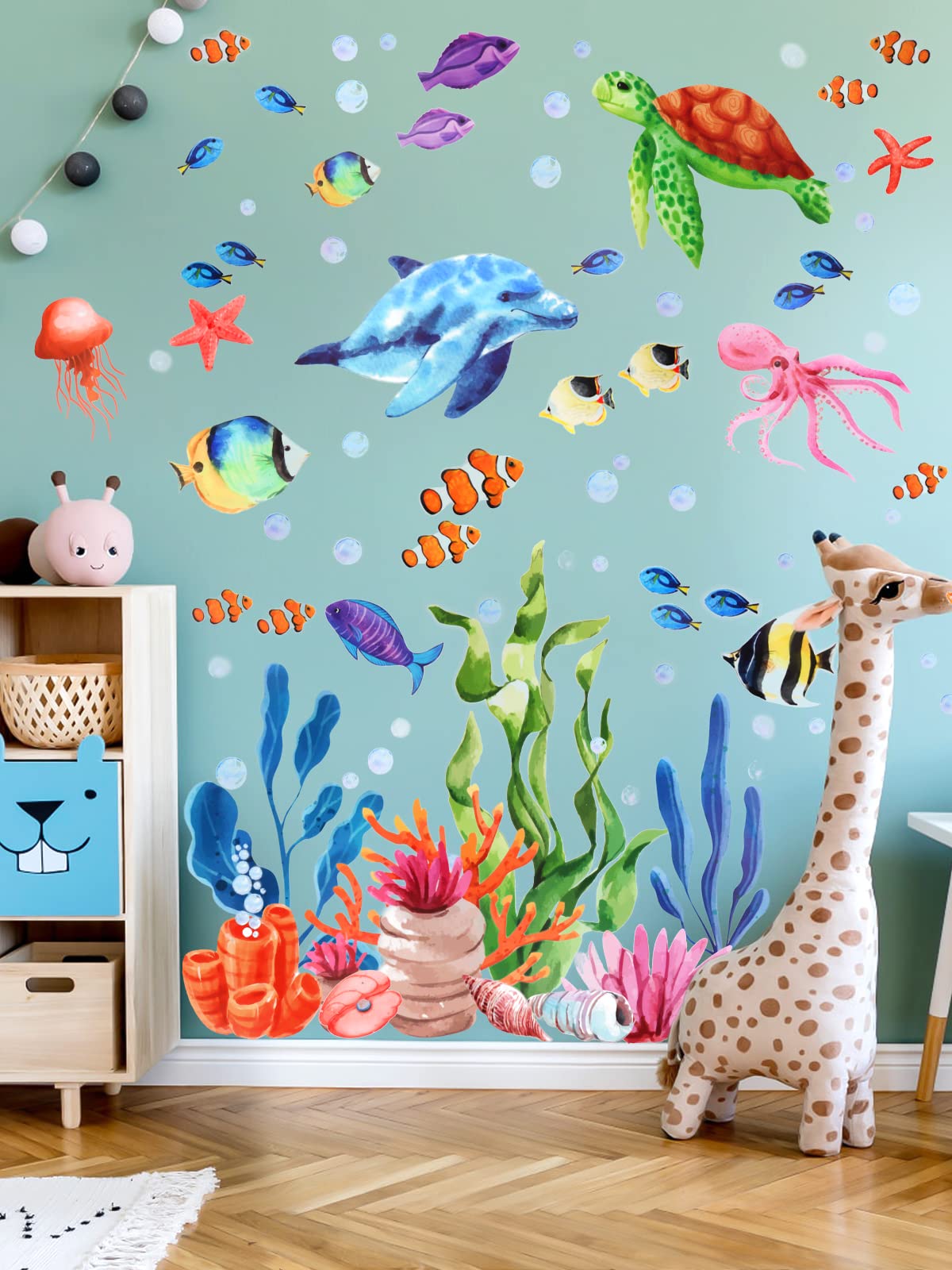 Kalolary Under The Sea Wall Decals Sea Turtle Whale Dolphin Starfish Wall Stickers 3D Coral Reef Ocean Grass Bubbles Wall Decals Wall Decoration for Wall Corner Nursery Room Children Bedroom Bathroom