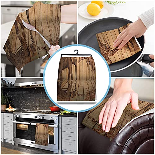 Savannan Dish Cloths for Kitchen, Giraffe and Elephant Eagle on Retro Wooden Plank Water Reflection,Super Soft and Absorbent,Reusable Polyester Towels for Home,Kitchen,18"x28", 2 Pack