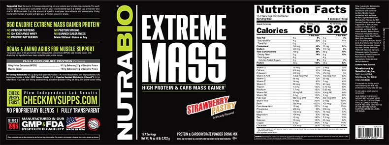 NutraBio Extreme Mass - 53G Protein - Advanced Anabolic Muscle Mass Gainer Protein - High Calorie - Full Spectrum Amino Acid - Strawberry Pastry, 6 Pound