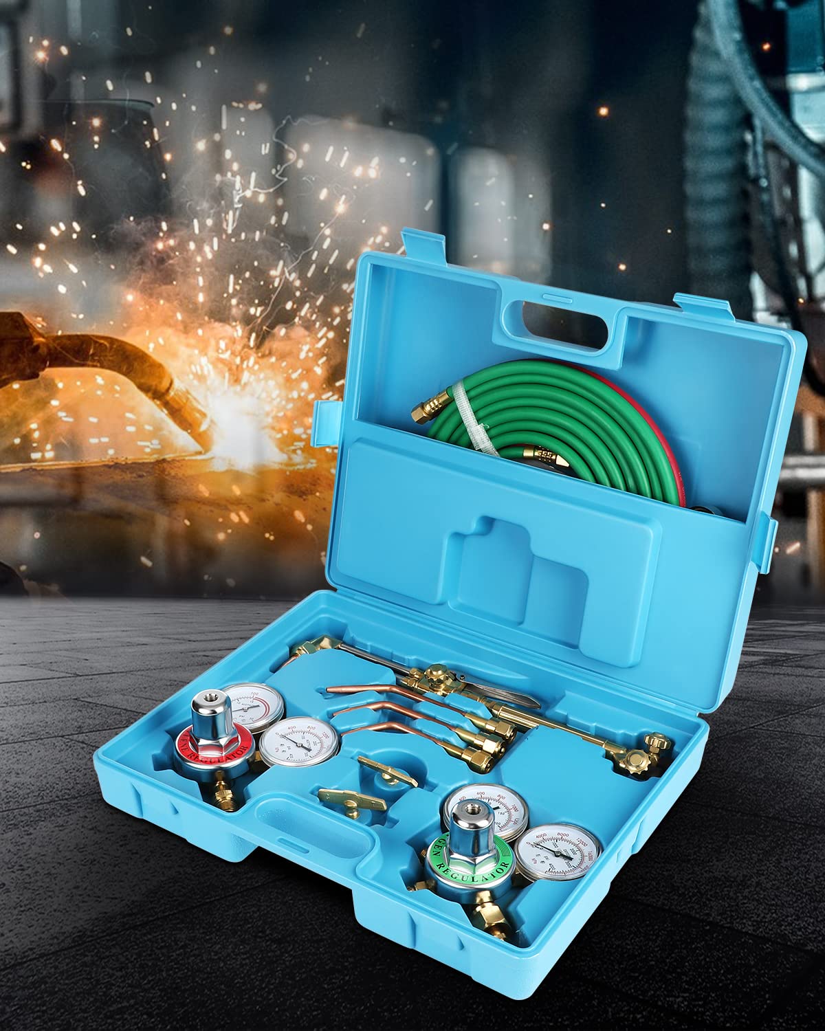 Gas Welding Cutting Kit Oxygen Acetylene Torch Portable Tool Set Oxy Brazing Welder Kit Professional Precision Instrument with Two Hose, Tips, Goggles, Blue Carrying Case