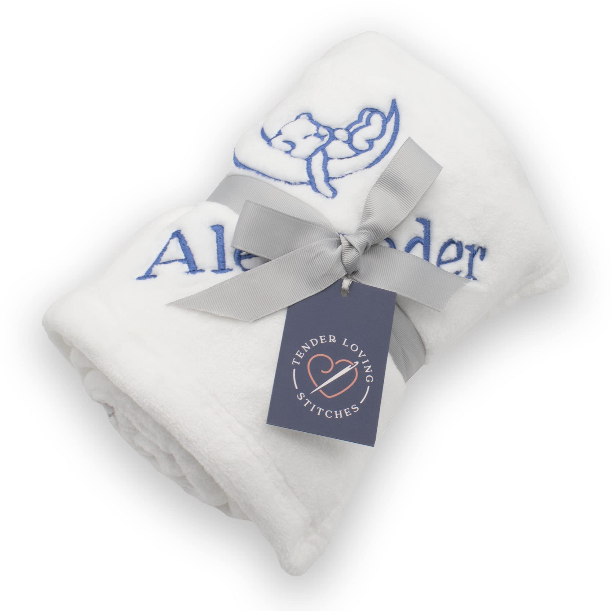 Tender Loving Stitches - Soft White Baby Blanket - Personalized with Baby’s Name and Cute Moon and Bear