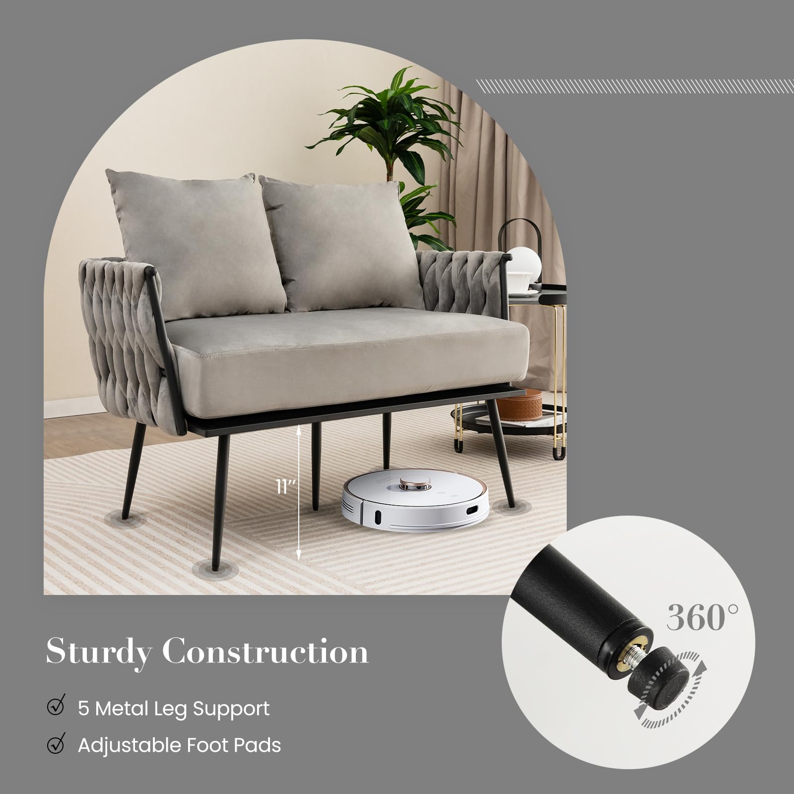 KOMFOTT 43” Loveseat Sofa, Modern Upholstered 2-Seat Sofa with 2 Back Pillows, Woven Backrest & Armrest, Mid Century Modern Dutch Velvet Sofa for Living Room Bedroom Apartment (Gray)