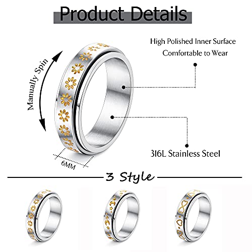 FIBO STEEL Stainless Steel Spinner Ring Fidget Band Rings for Women Men Flower Ring Set for Stress Relieving Wedding Promise Size 10
