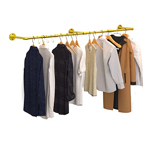 MOUTIK Industrial Pipe Clothes Hanging Rack: Wall Mounted Iron Clothing Storage Hanger Rod - Heavy Duty Multi-Purpose Metal Garment Bar for Closet Laundry Room Gold