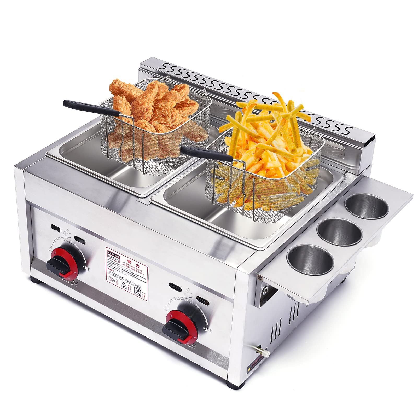 Cutycaty Commercial Gas Deep Fryer Countertop, Dual Tank Stainless Steel Kitchen Frying Machine with 2 Removable Baskets and Lids for Restaurant Home Kitchen French Fries Turkey Donuts (6 Liter)
