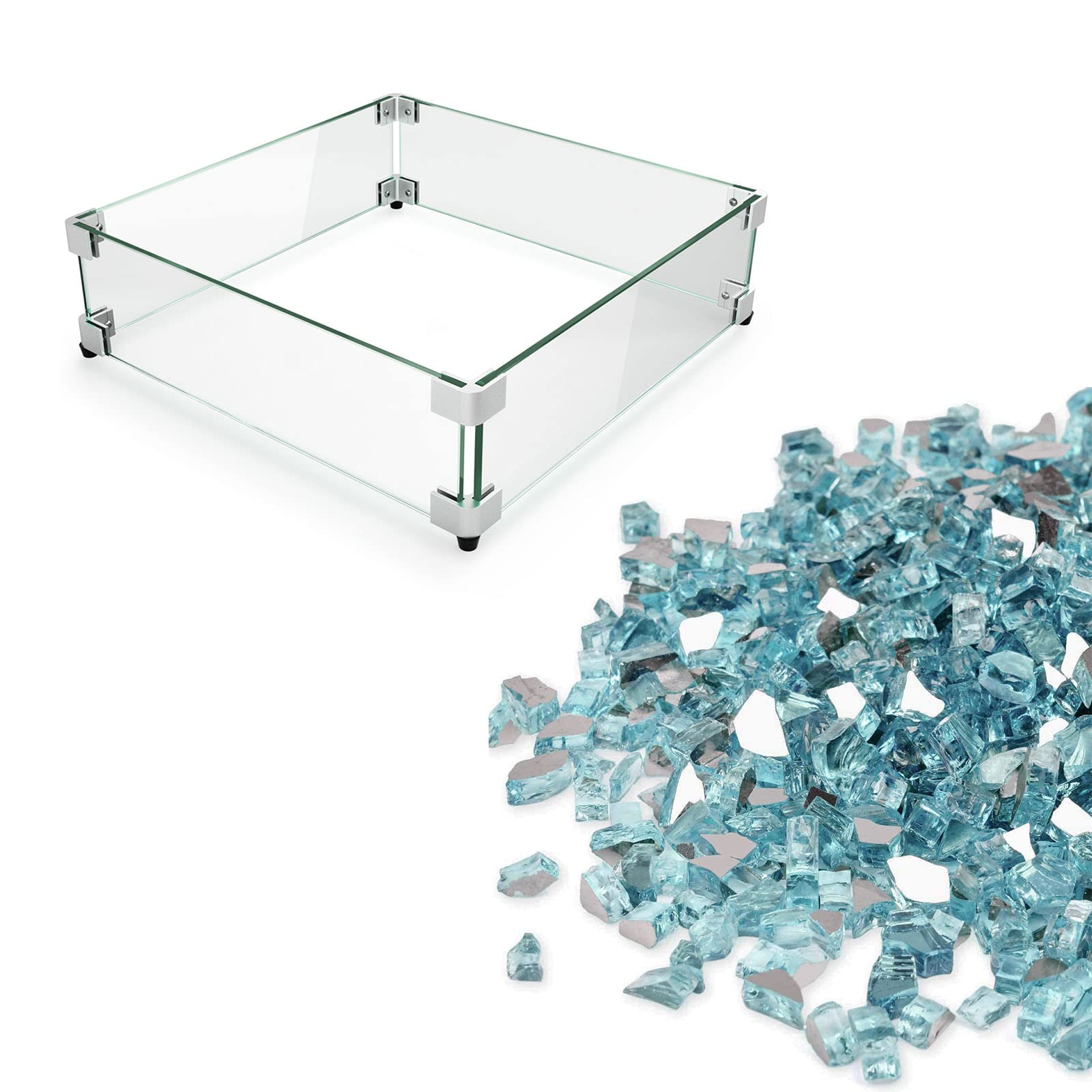 GASPRO 17.5 Inch Square Fire Pit Glass Wind Guard and 10LB Reflective Caribbean Blue Fire Glass