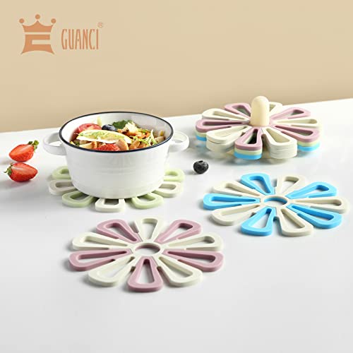 Silicone Trivet Mat 6 PCS with Storage Base, GUANCI Hot Pot Holder Hot Pads for Table & Countertop Set Non-Slip & Heat Resistant Modern Kitchen Hot Pads for Pots & Pans(Pink, Blue and Green)
