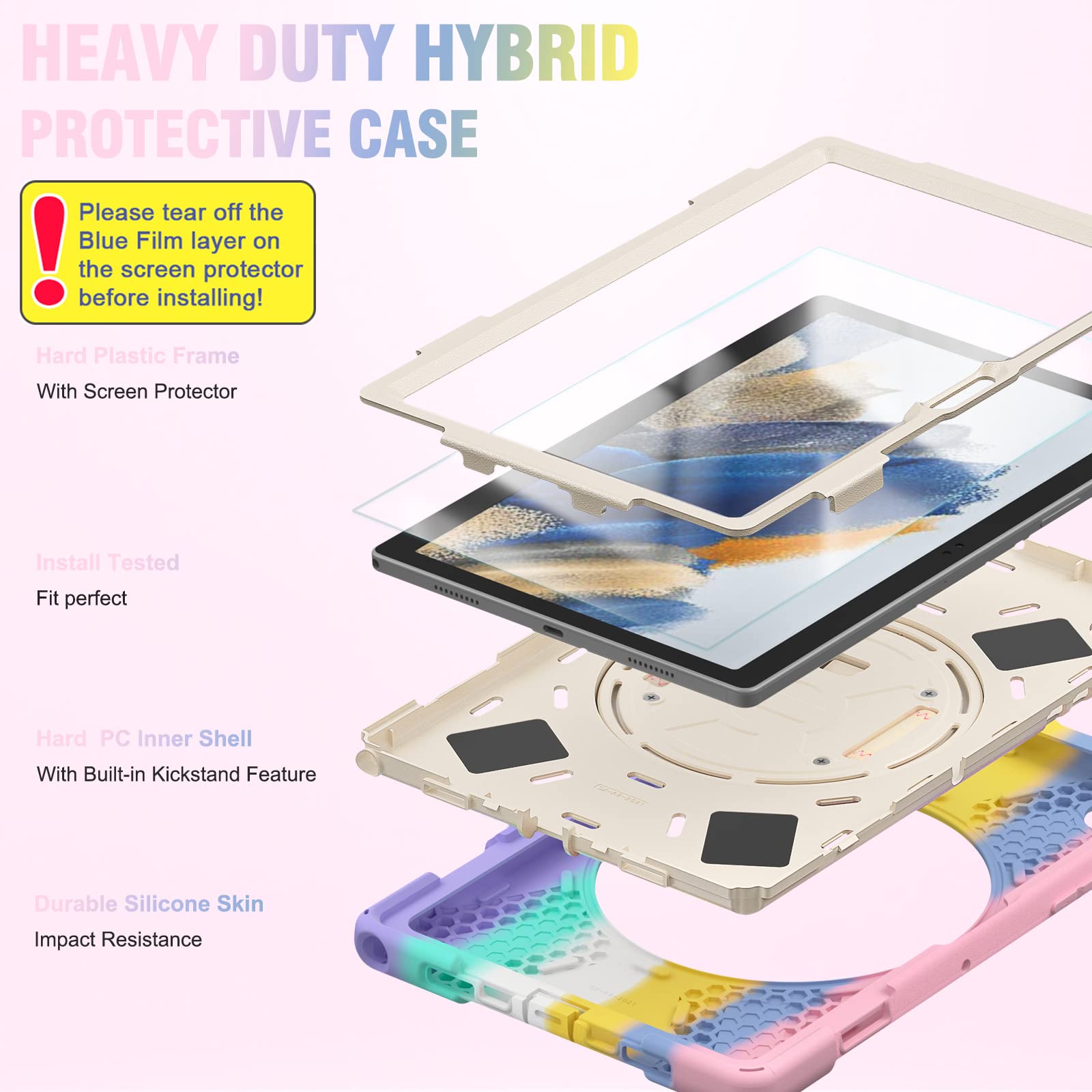 SIBEITU Case Compatible with Galaxy Tab A8 10.5 Inch with Screen Protector 2022, SM-X200/X205/X207, Hard Durable Rugged Protective Tab A8 Cover W/Stand Strap