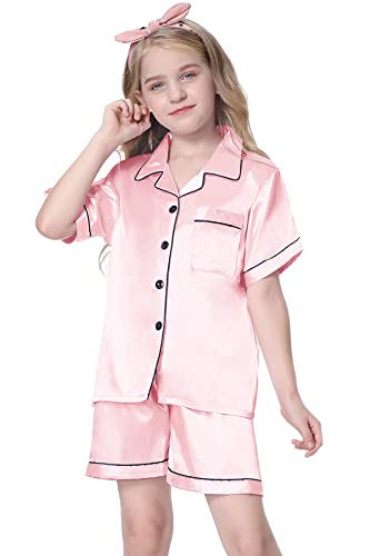 Silk Pajamas for Women, 2 Pcs Comfy Sleepwear Short Sleeve Button Down Sexy Satin Summer Soft Pjs Set, Pink, Medium