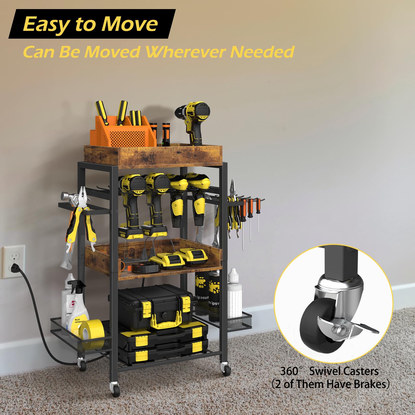 MOOACE Power Tool Organizer Storage Cart with Charging Station and Wheels, 4 Tier Heavy Duty Metal Rack, Rolling Tool Utility Cart, for Workshop, Garage, Workbench, Brown