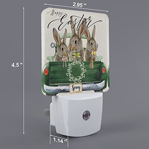 LED Night Light, Plug-in, Dusk to Dawn Sensor, Easter Green Truck Pull Rabbits Eucalyptus Leaves Wreath Decorative Nightlight for Bedroom, Bathroom, Nursery, Hallway, Kitchen, Stairs, Kids Room
