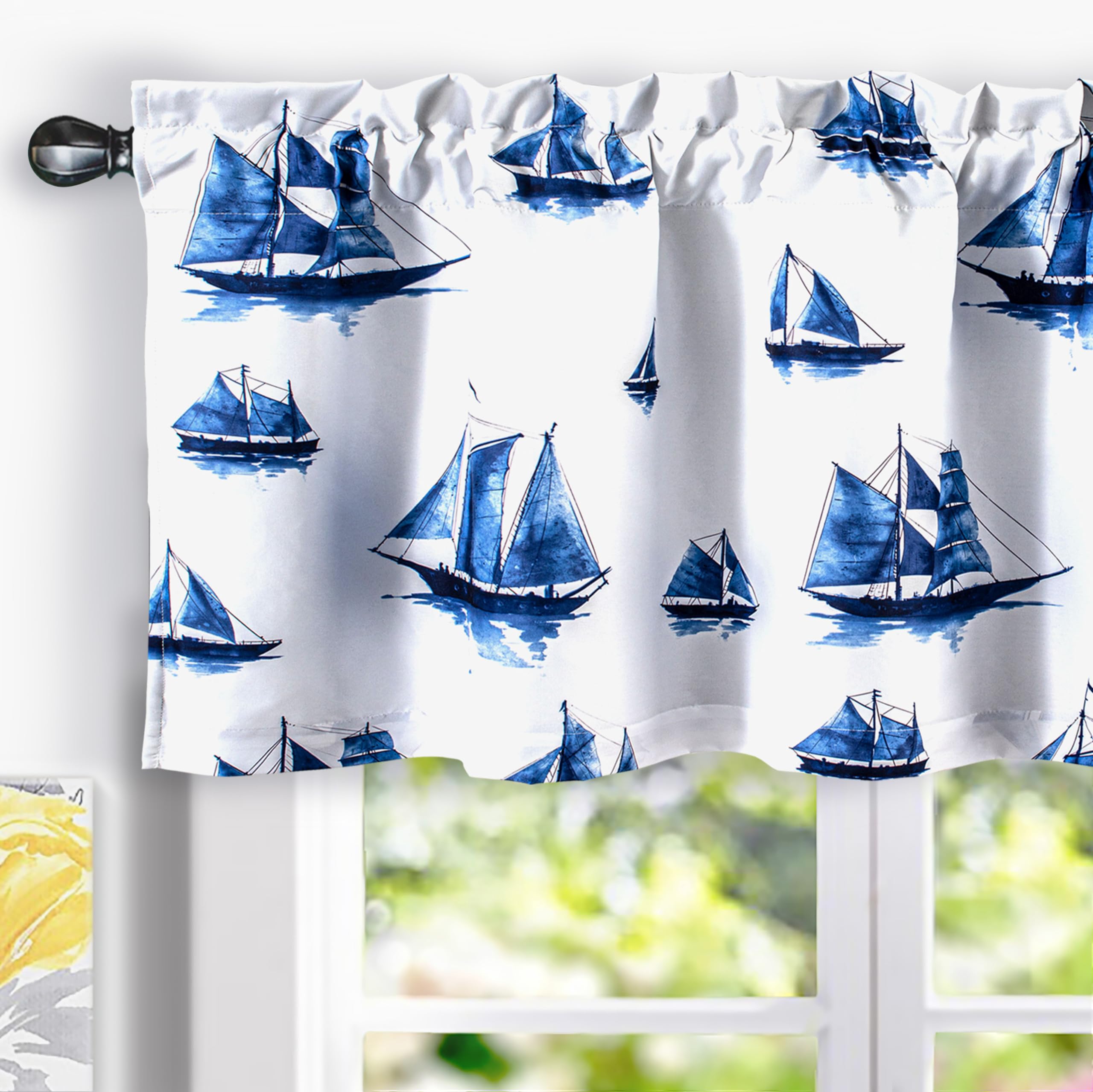 DriftAway Harbor Sailboat Ocean Print Blackout Thermal Insulated Window Curtain Valance Rod Pocket 52 Inch by 18 Inch Plus 2 Inch Header Navy