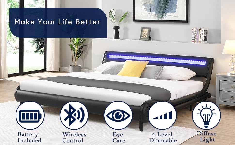 Gustonhon King Size Modern Upholstered Platform Bed Frame with RGB LED Lights Leather Headboard,Faux Leather Wave-Like Low Bed Frame,Strong Wood Slats Support, Easy Assembly(Black, King)