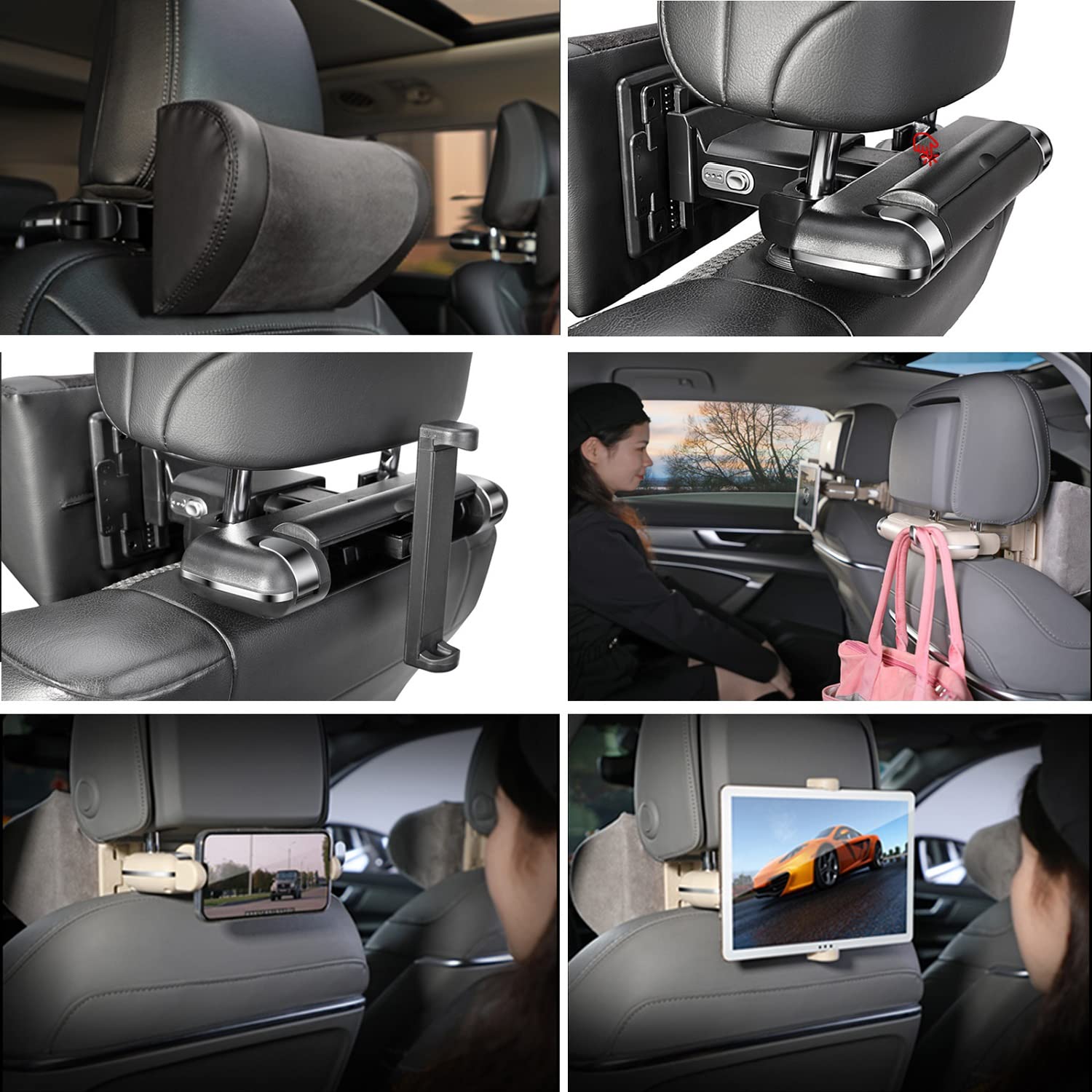 SiegenPro Car Seat Headrest Pillow Adjustable in 4 Directions Car Neck Pillow Memory Foam with Seat Back Hooks and Adjustable Headrest Phone Tablet Car Mount Holder