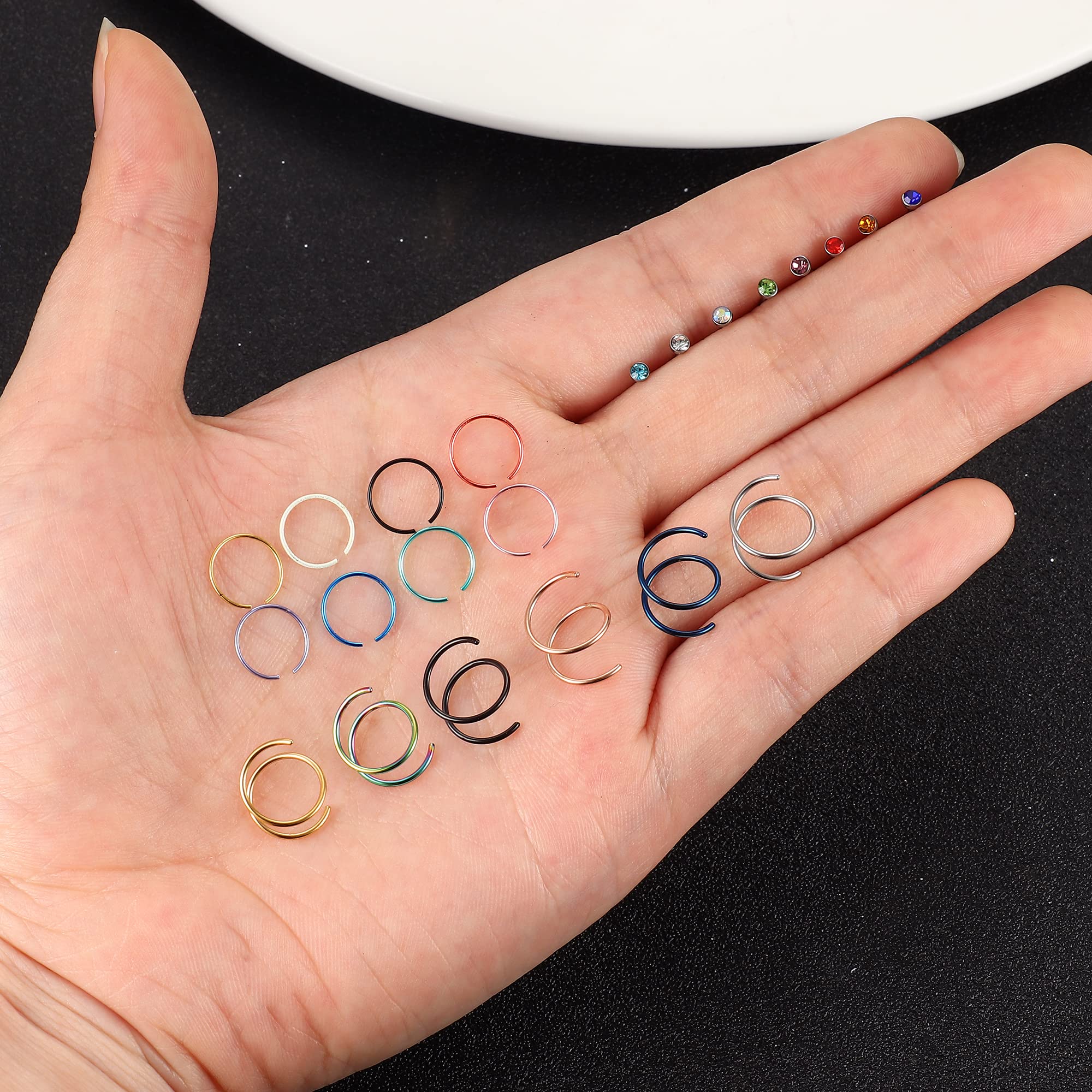 FIBO STEEL 118 Pcs Surgical Steel Double Nose Rings for Women Men Nose Ring Studs and Hoops 20G Bone Nose Studs Ring Nose Piercing Jewelry