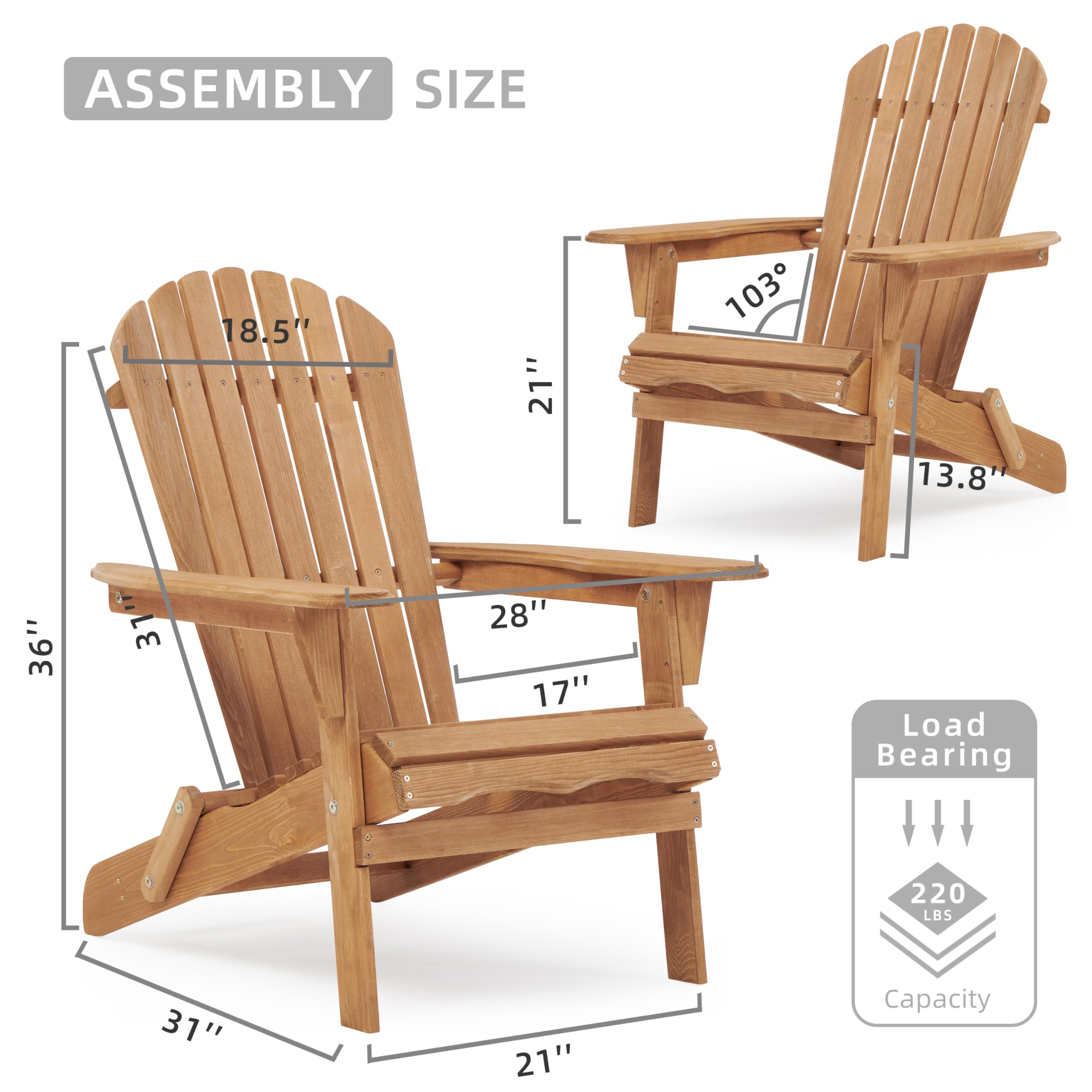 Mederra Wooden Folding Adirondack Chair, Half Pre-Assembled Outdoor Wood Patio Lounge Chair for Lawn Backyard Deck Pool Beach Firepit