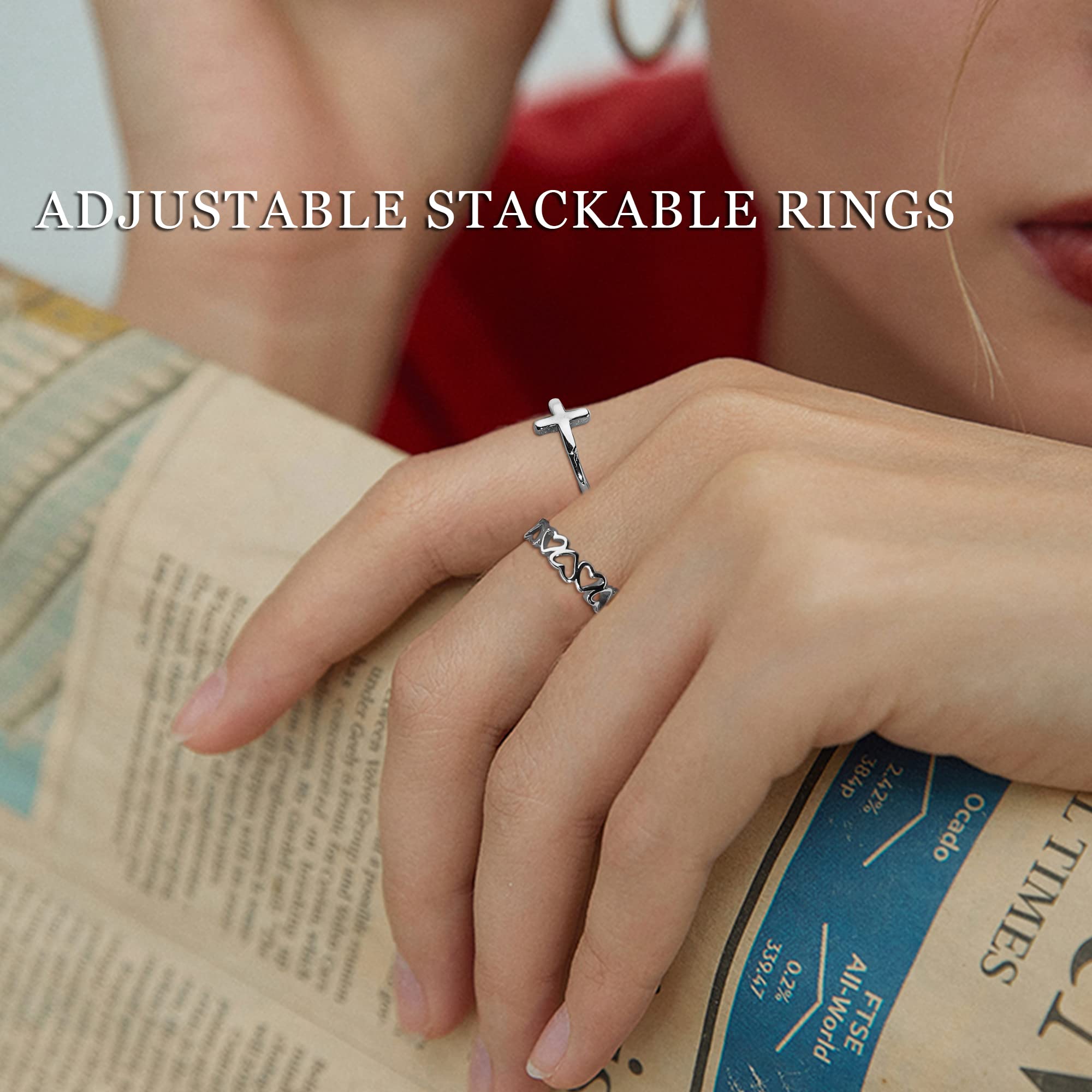 FIBO STEEL 12 Pcs Open Adjustable Rings Set for Women Stackable Finger Rings Pack Cute Twist Butterfly Heart Chain Link Rings Minimalist Rings Set Silver Tone
