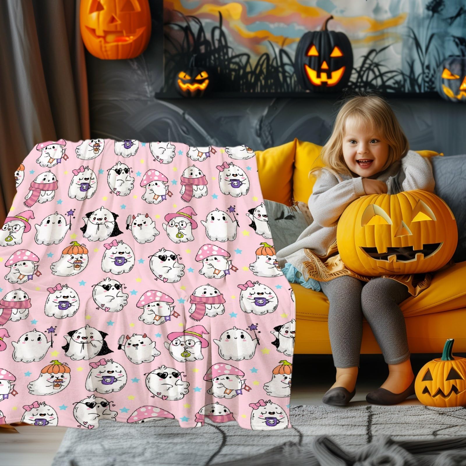 Halloween Blanket Cute Halloween Cute Ghosts Throw Blanket Gift for Girls Kids Halloween Ghost Decor Stuff 40"x50" for Halloween Decoration Cozy Soft Lightweight Bedding