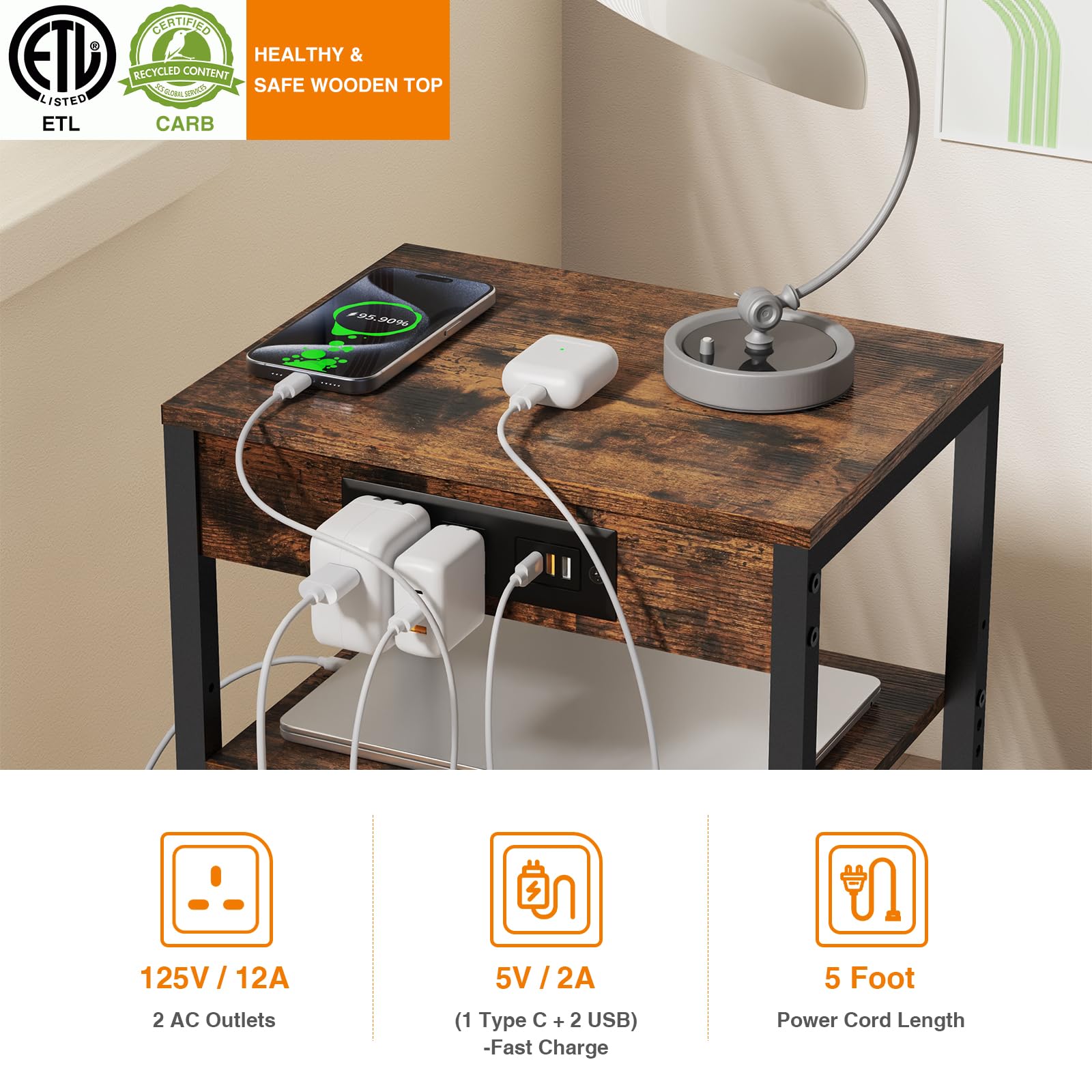 Memobarco Small Table Stand with Fast Charging Station and Adjustable Shelf, End Table Nightstand with Type C and USB Port, Side Table Sofa Beside Table for Living Room, Bedroom, Small Spaces, Black