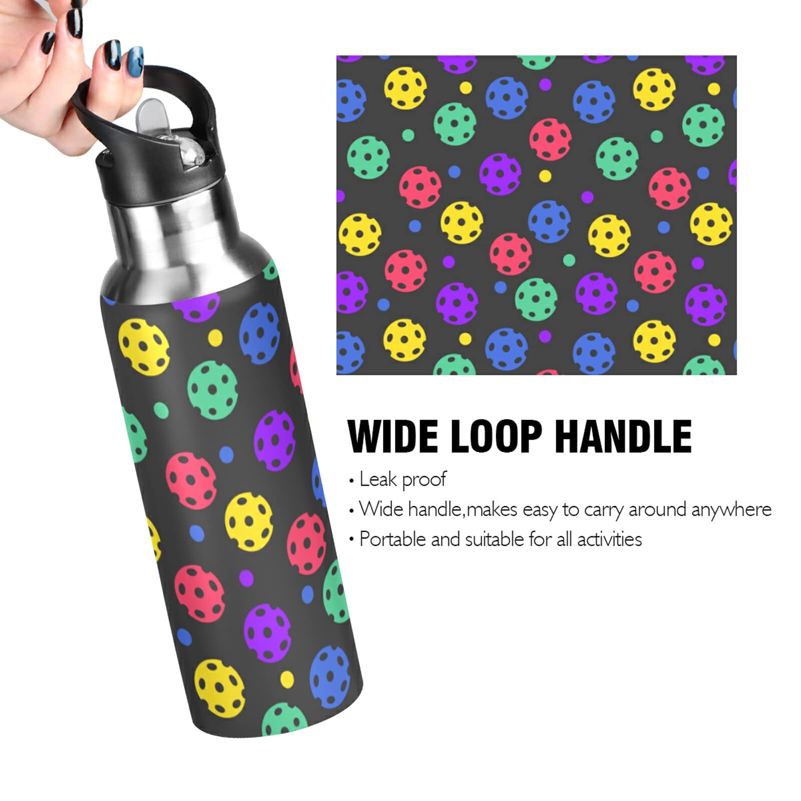 HJJKLLP Colorful Pickleball Sport Water Bottle with Straw Lid Double Wall Vacuum Insulated Stainless Steel Water Bottle 20 oz