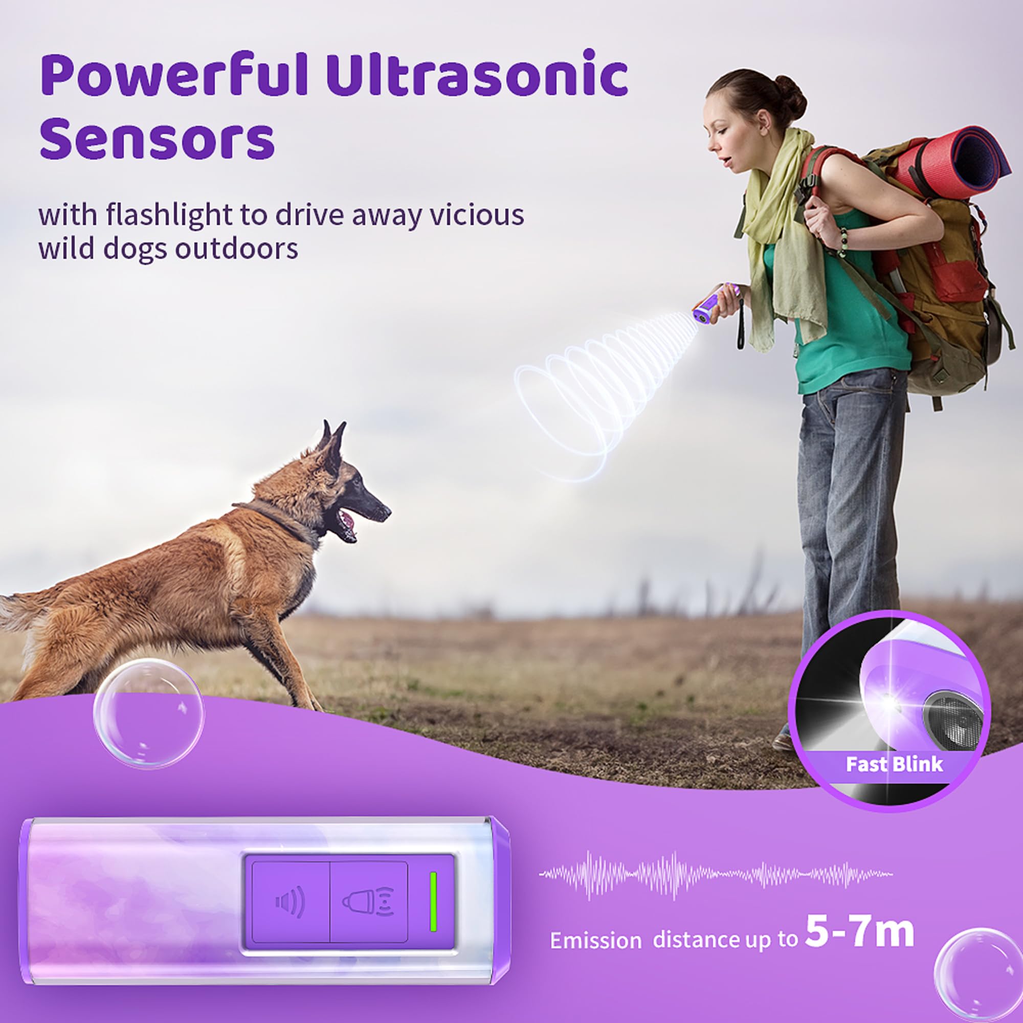 LILEEE Dog Bark Deterrent Devices, Ultrasonic Anti Barking Device for Dog, Effective Control Range up to 23 Ft, Dog Training Device Indoor&Outdoor with LED Flashlight (White Purple)