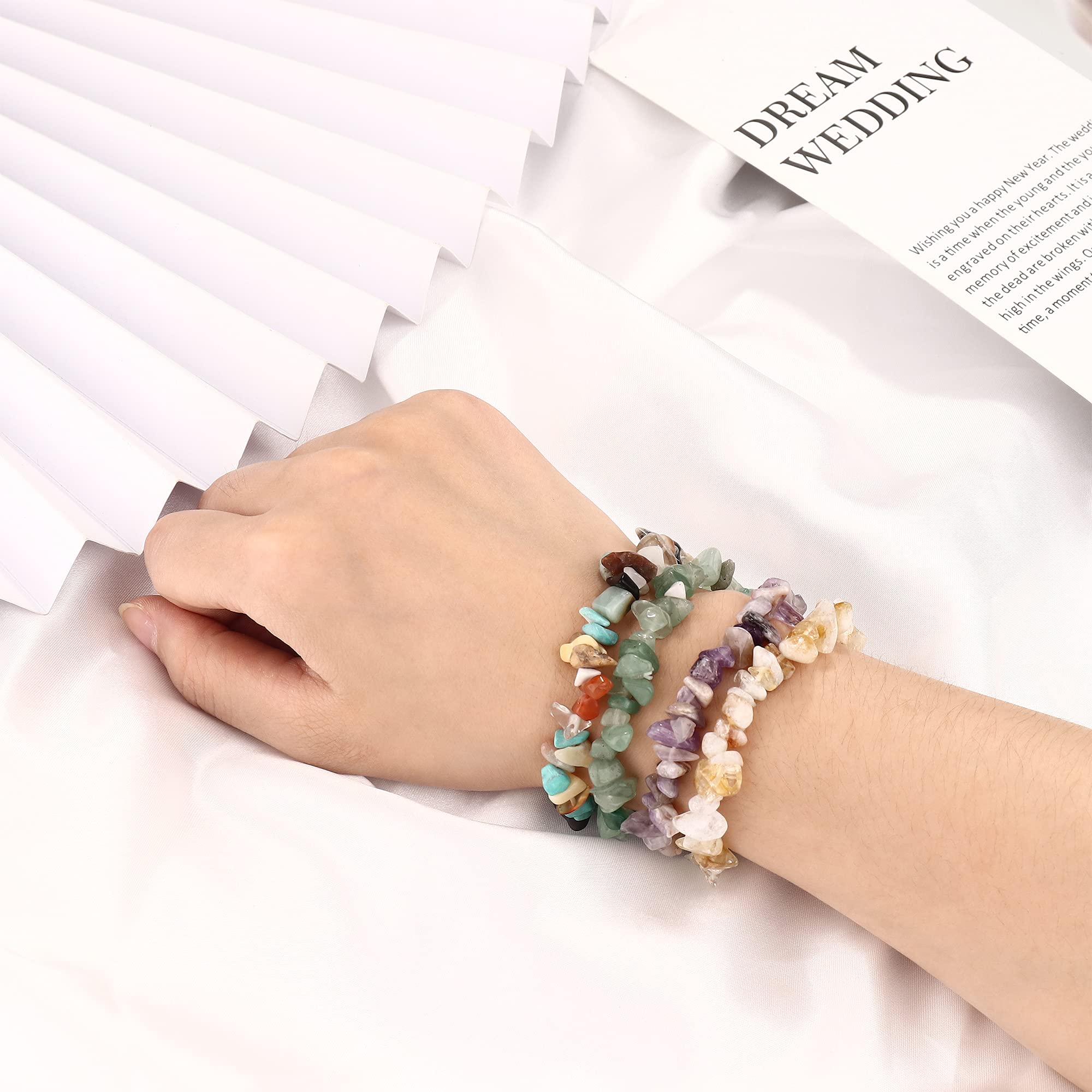 FIBO STEEL 16Pcs Natural Gemstone Chakra Crystal Healing Chip Stretch Bracelets for Women Tumble Polished Align Chakras Conquer Fear Increase Communication Reiki