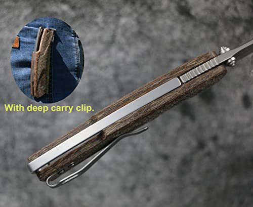 JIN D2 Folding Knife Mens Pocket Knife, EDC Knives with Liner Lock Ball Bearing Flipper Knife, Micarta Handle
