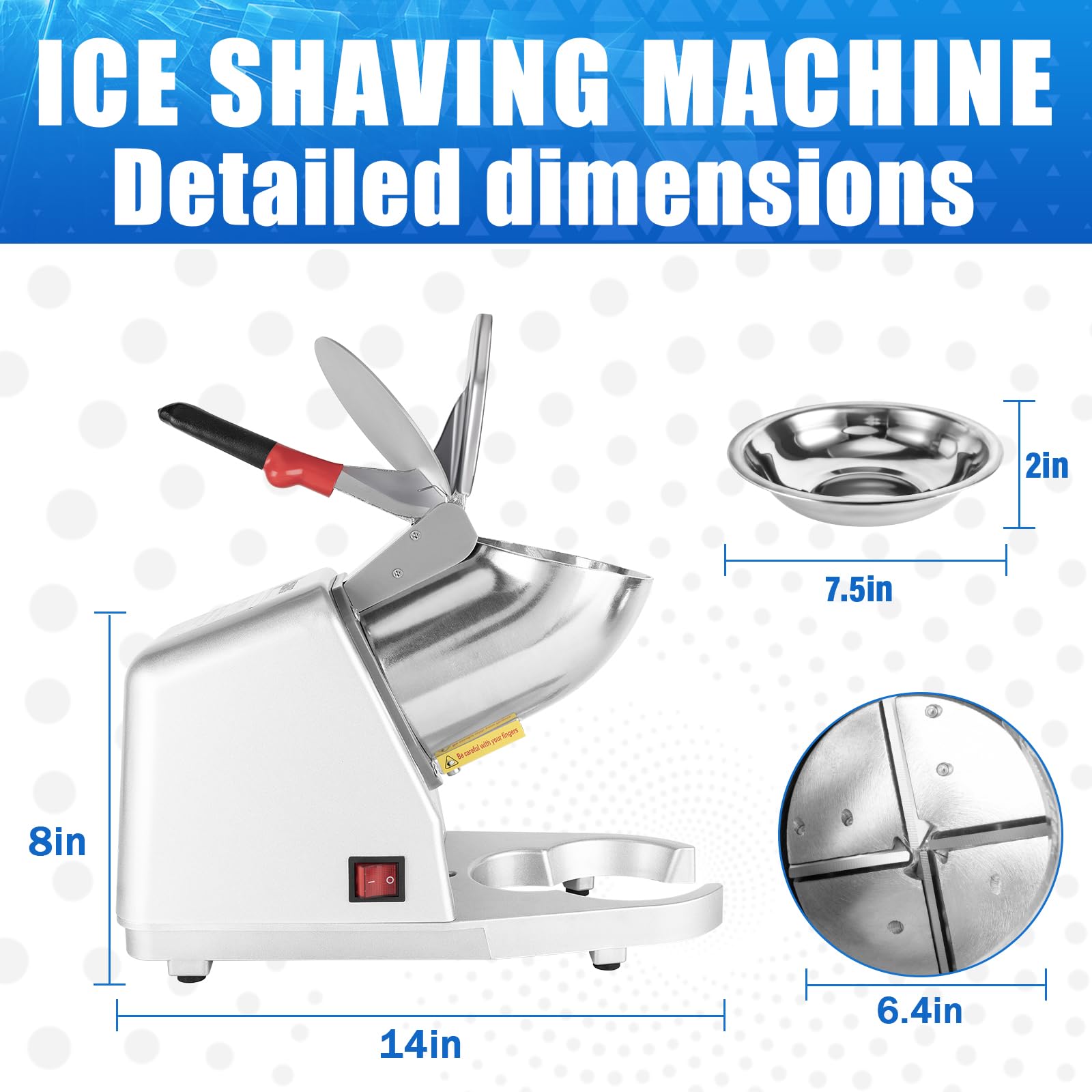 Ice Shaver Machine - Electric 4 Blades Ice Crusher Shaver, Stainless Steel Snow Cone Maker Shaved Ice Machine (300W 2200r/min) for Home & Commercial Use, Prevent Splash, with Ice Pick & Bowl