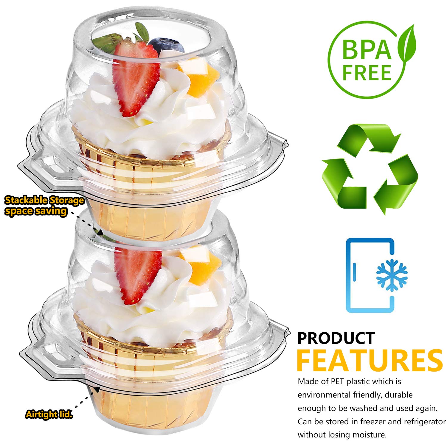 FoodieJoy 60 Packs Individual Cupcake Containers Stackable Single Compartment Cupcake Disposable Carrier Holder Box Deep Dome Clear Plastic BPAFree (60 counts)