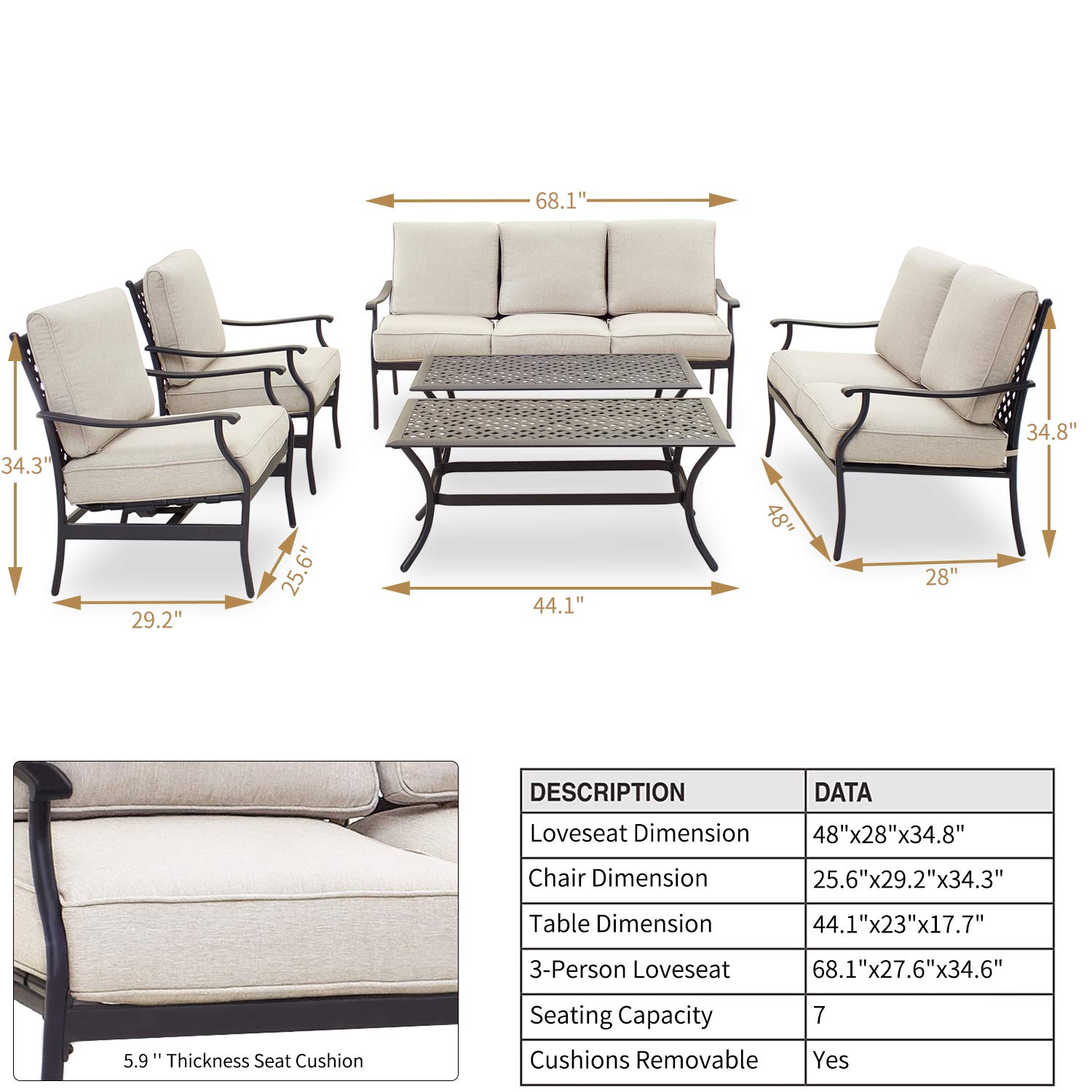 PatioFestival Patio Conversation Set 6 Pieces Metal Outdoor Furniture Seating Sets with Beige Thick Cushions, Rocking Chairs & Coffee Table & Loveseat
