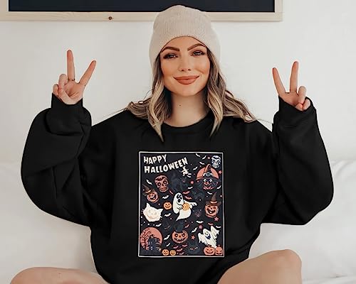 UNIQUEONE Womens' Oversized Halloween Sweatshirt Vintage Halloween Doodles Sweatshirts Hocus Pocus Long Sleeve Crewneck Tops Black