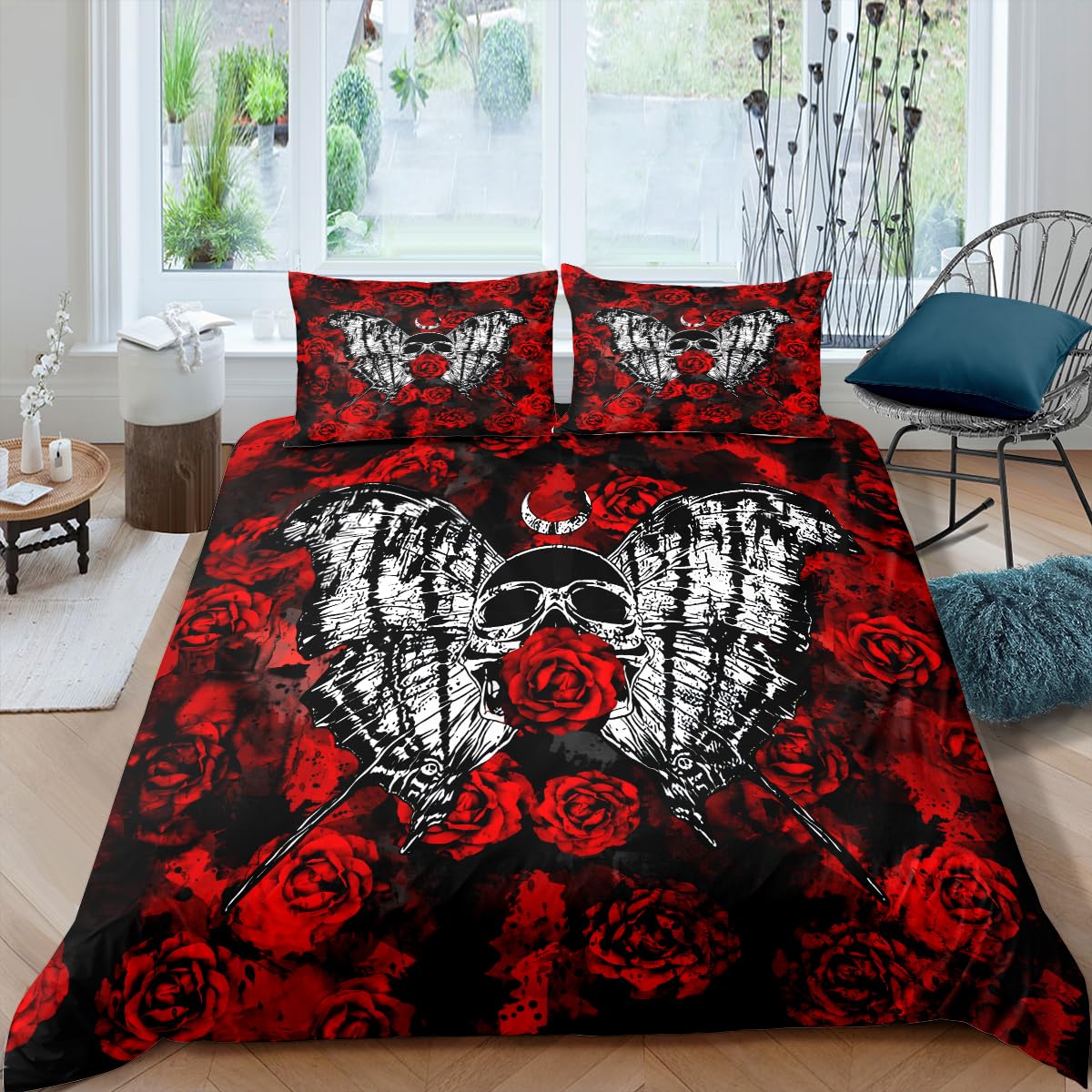 Menkala Red and Black Bedding Sets Queen Moth Duvet Cover Red Rose Bedding Black and White Floral Comforter Cover Room Decor 3Pcs for Women 3Pcs with 2 Pillowcases (Without Comforter)