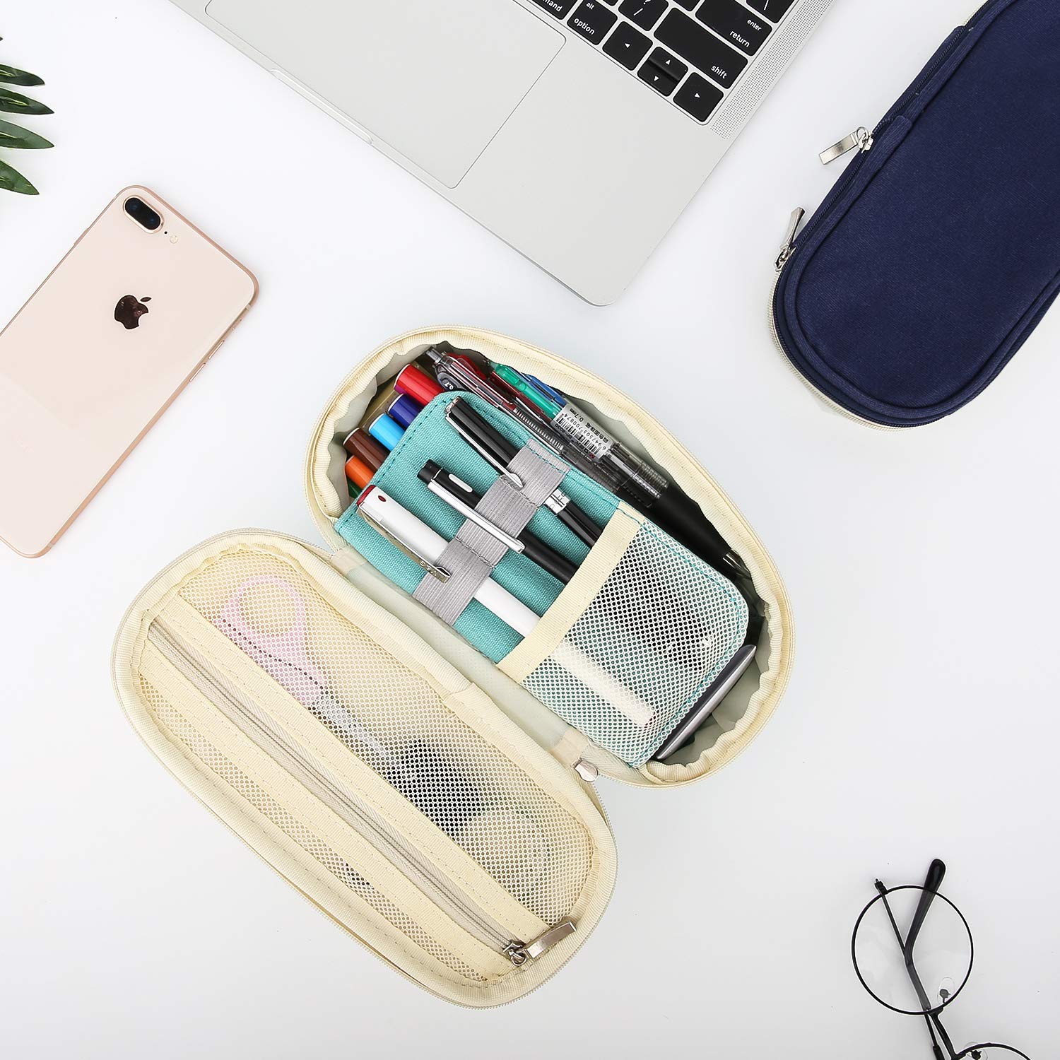 MoKo Big Capacity Pencil Pen Case, Large Capacity Storage Bag Pouch Box Makeup Pen Bag Cosmetic Bag Stationery Organizer Storage with Zippers for Office/School Supplies - Beige & Blue