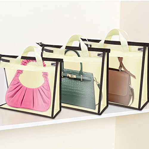 Theresduet 12 Pack Dust Bags for Handbags, Purse Storage Organizer, Clear Handbag Storage with Zipper and Handles, Beige