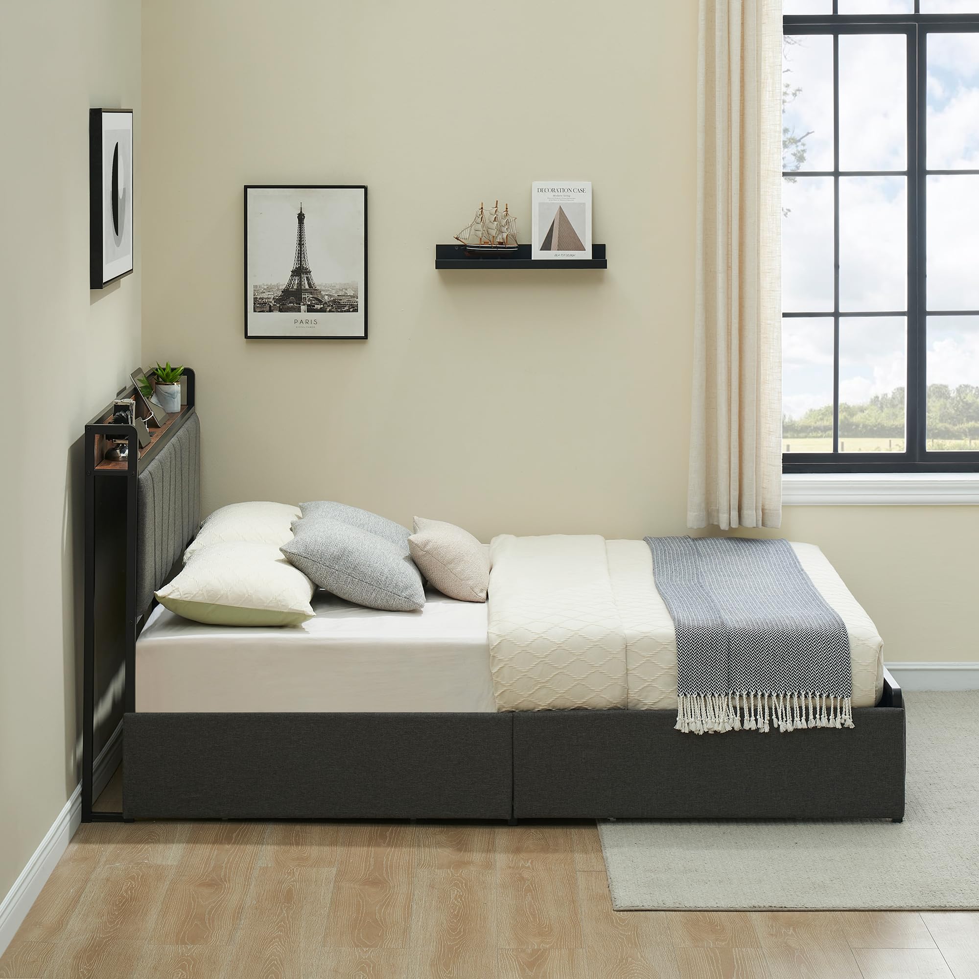 IDEALHOUSE Twin Size Bed Frame with 2 Storage Drawers and Charging Station, Upholstered Platform Bedframe with Storage Headboard, Heavy Duty, No Box Spring Needed, Easy Assembly, Noise Free, Grey