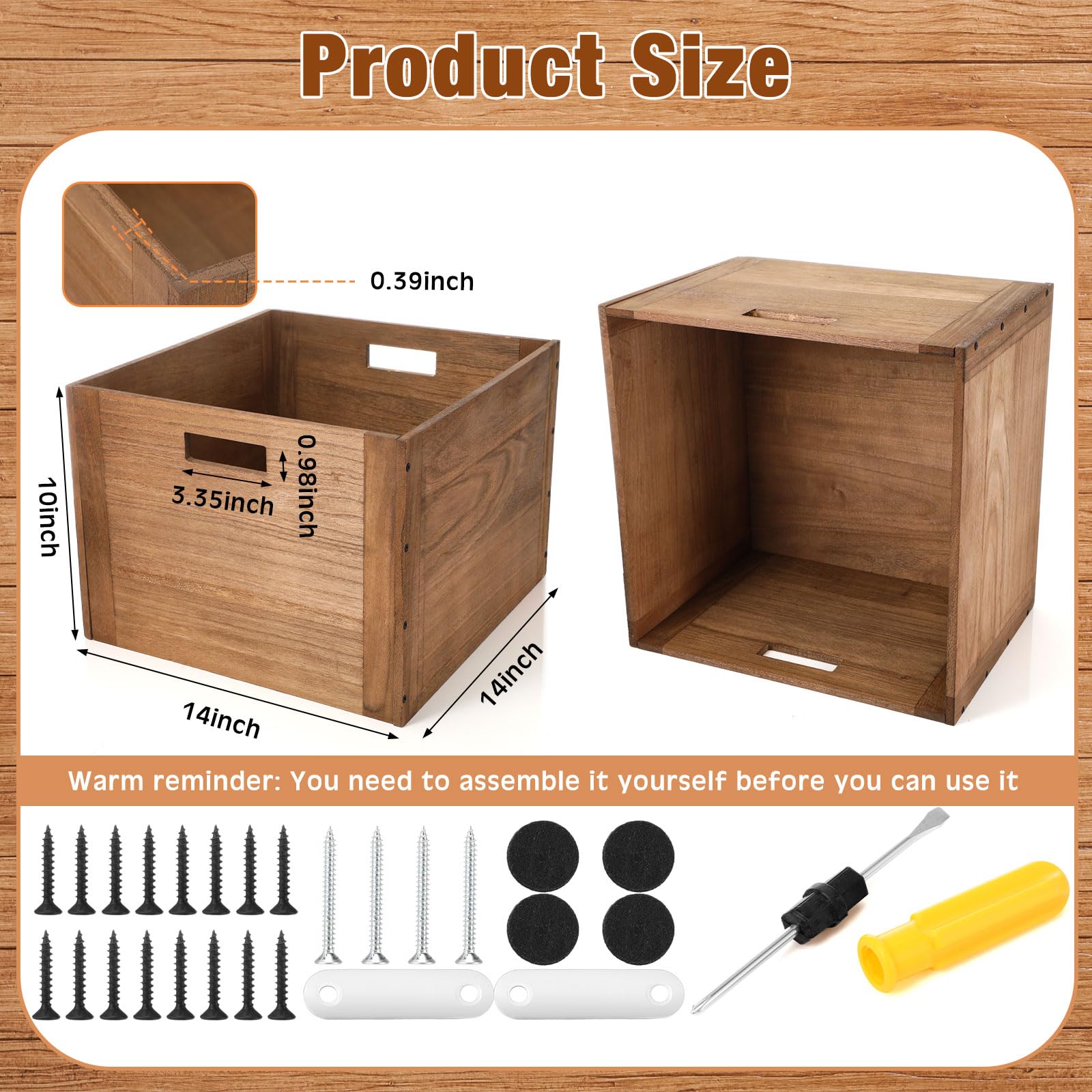 Menkxi 4 Pcs Stackable Wood Storage Cube for Shelves Closet Wooden Bins Box Wood Crates Storage Baskets Container for Toy Books Clothes Home Office, Dark Brown(14 x 14 x 10 Inch)