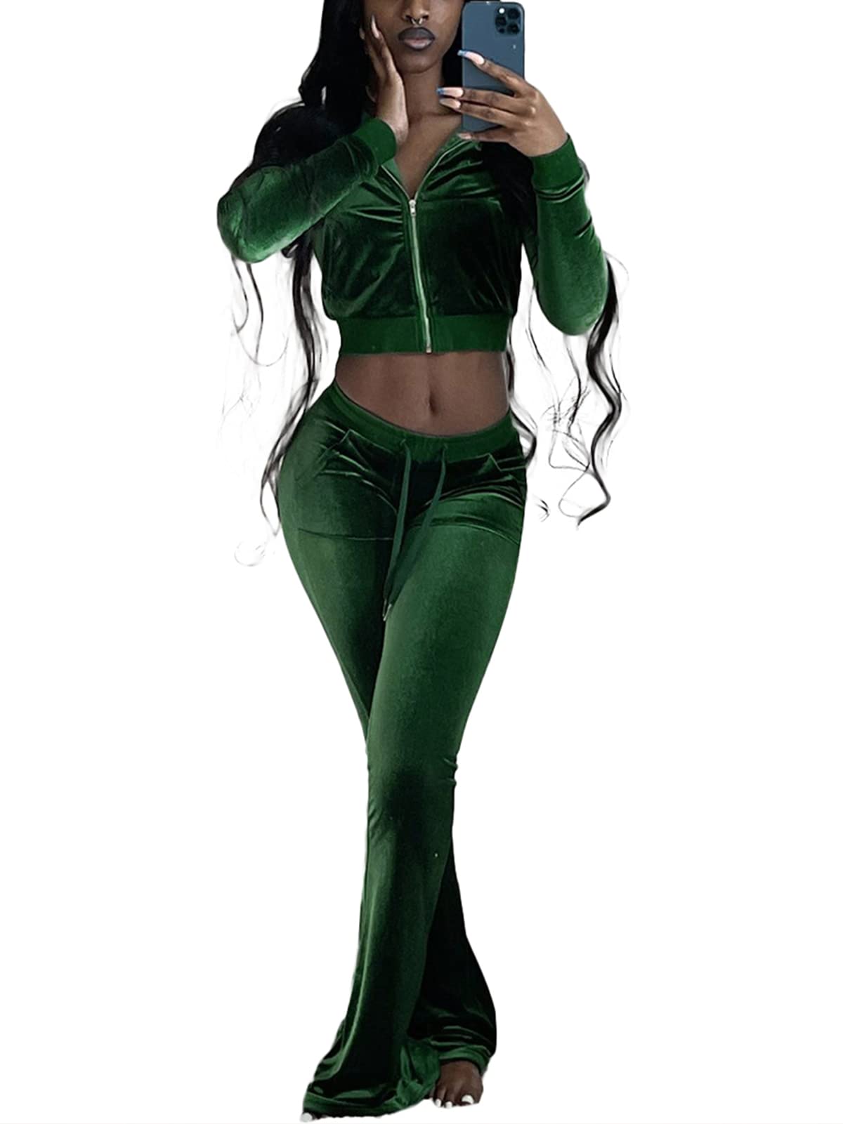 ECHOINE Velour Tracksuit Two Piece Outfits for Women Long Sleeve Zip Crop Top and Bell Bottom Flared Pants Sweatsuit Green