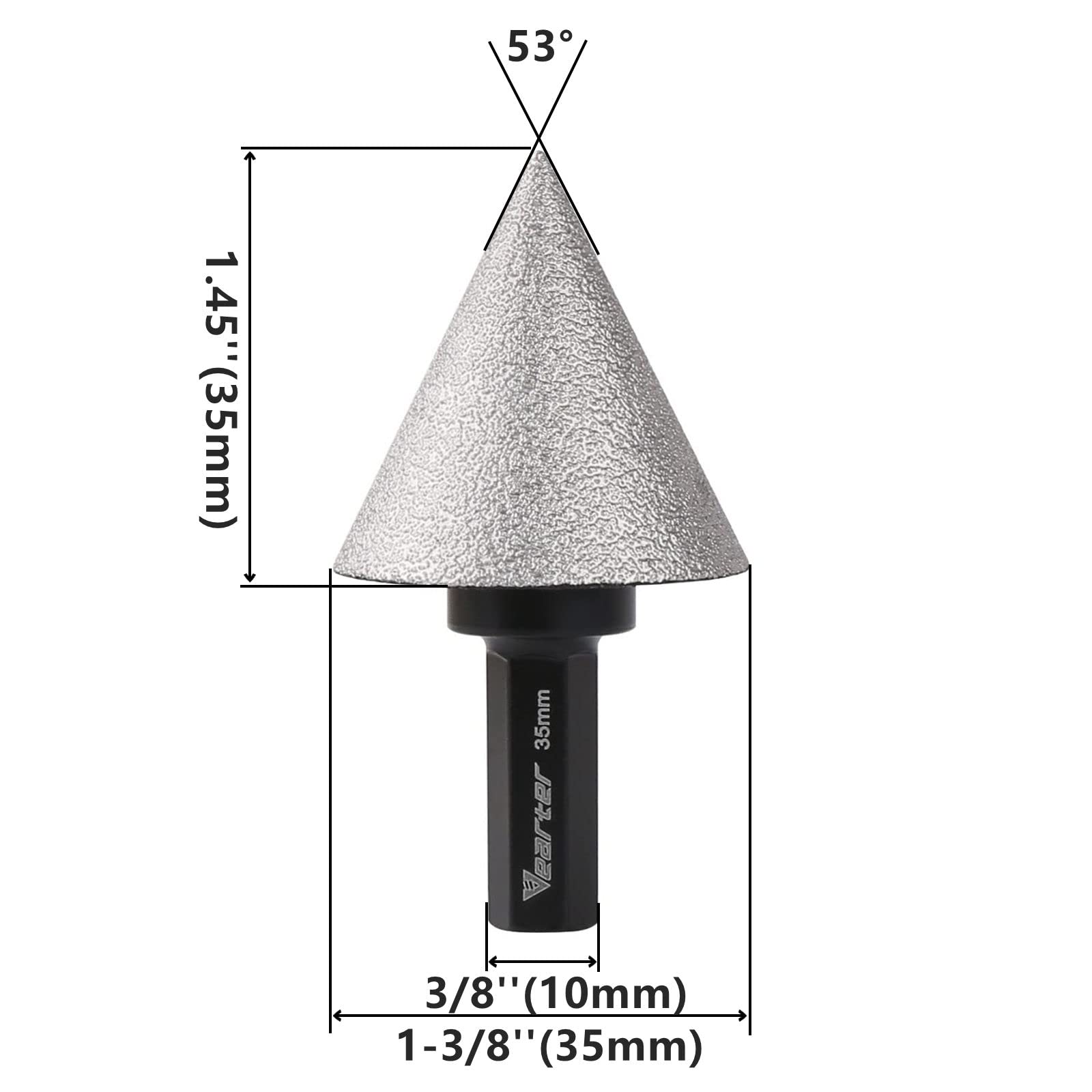 Vearter Diamond Chamfering Bit, 1-3/8" (35mm) Hexagonal Shank, for Dressing Existing Holes, Cleaning and Enlarging Marble, Ceramic Tiles, Granite Countertop Sinks.