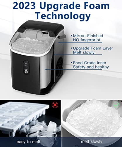 Kndko Nugget Ice Maker with Handle,33lbs/Day, Produce a Basket in 1.5 Hour, Self-Cleaning, One-Click Design, Compact Ice Maker Nugget with Chewy Ice for Home Bar Party,Black