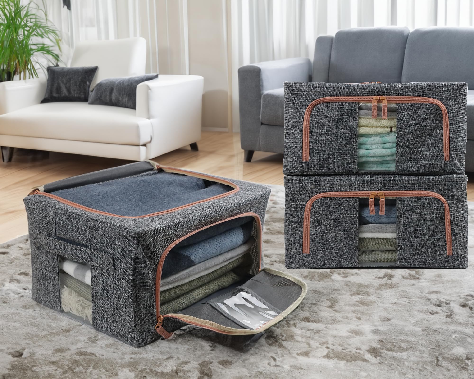Linen Clothes Storage Bins, 4PCS Sturdy Closet Organizers and Storage Bin with Metal Frame, 2 Opening Ways Fabric Visible Lidded Storage Box for Organizing Clothing,Jeans,Sheets (4PC Gray, 22Liters)